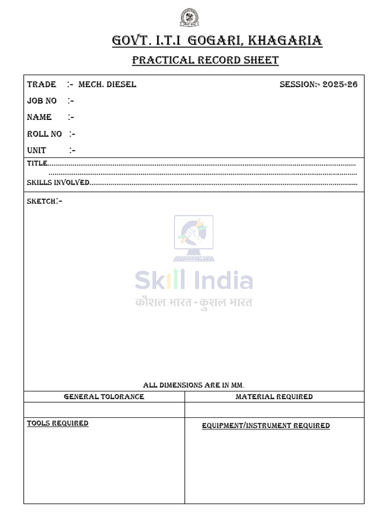 Mech Diesel Practical Record Sheet 2025-26 | PDF