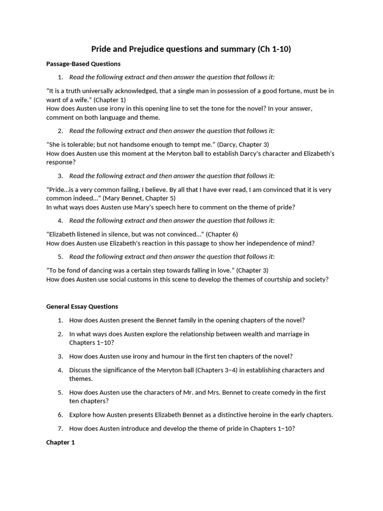 Pride and Prejudice Summary Ch. 1-10 | PDF | Pride And Prejudice | Mr ...