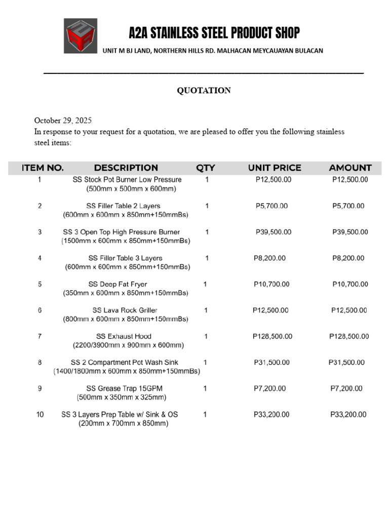 Ss Items Quotation 10-29-25 | PDF