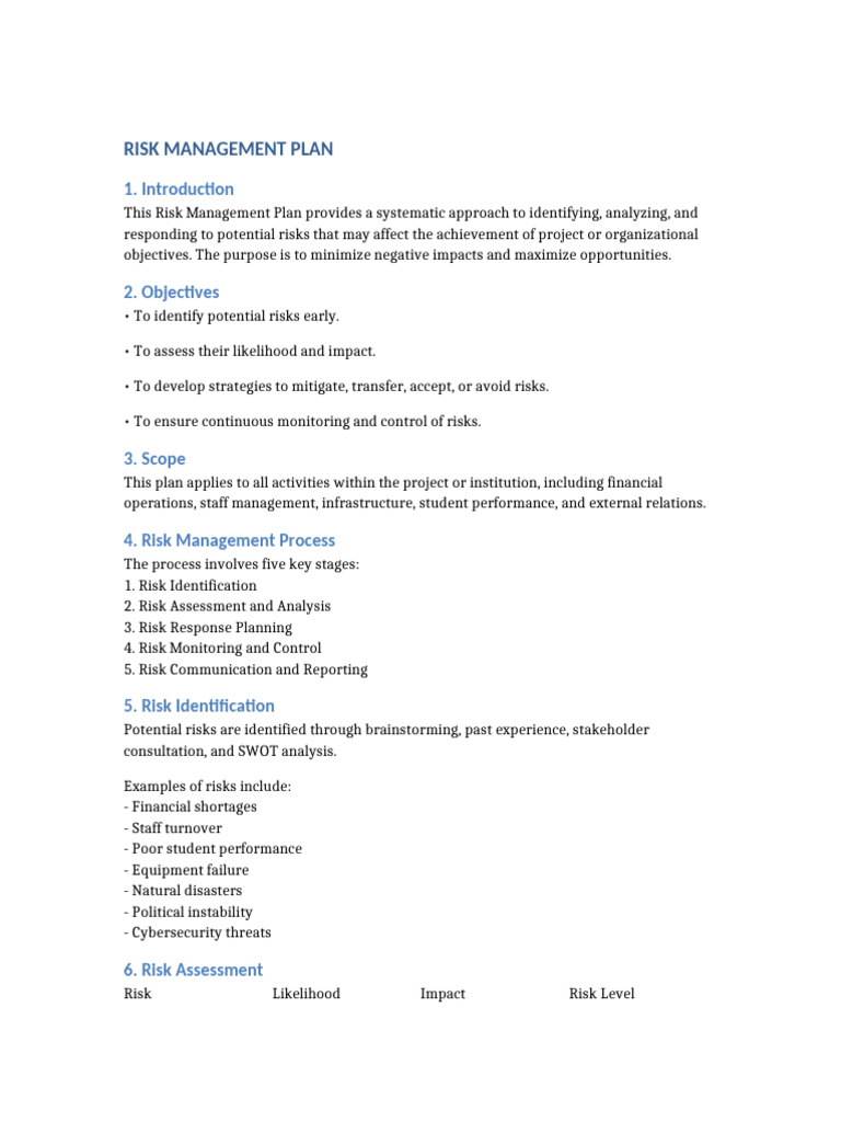 Risk Management Plan | PDF | Risk Management | Risk