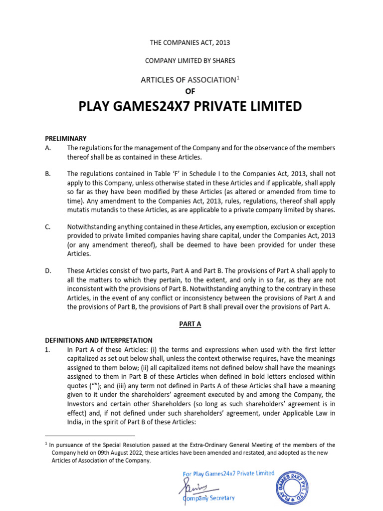 Play Games 24x7 Limited- AoA | PDF | Dividend | Stocks