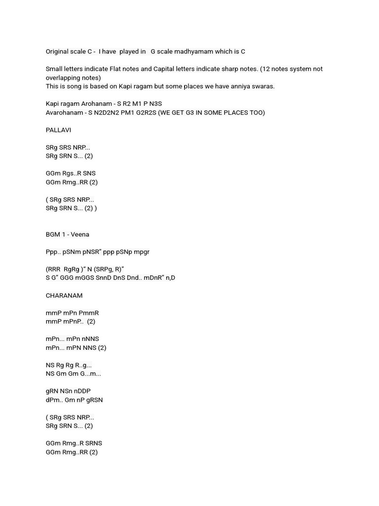 Kapi Ragam Song Notation in C Scale | PDF