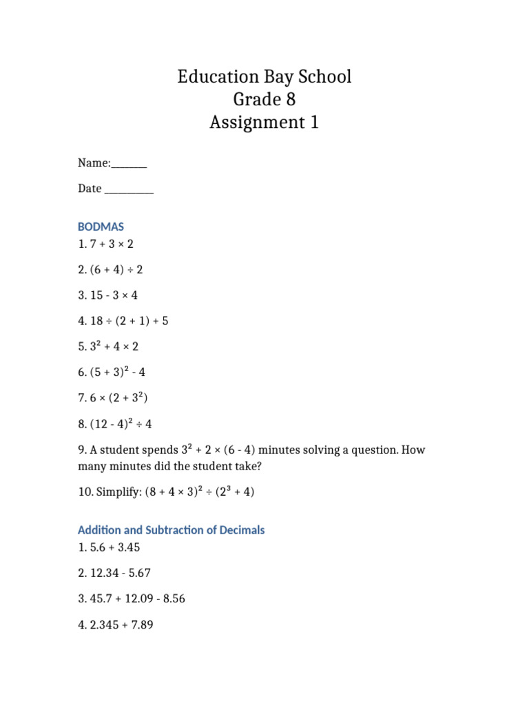 Grade 8 Math Assignment: BODMAS & More | PDF | Ratio | Speed