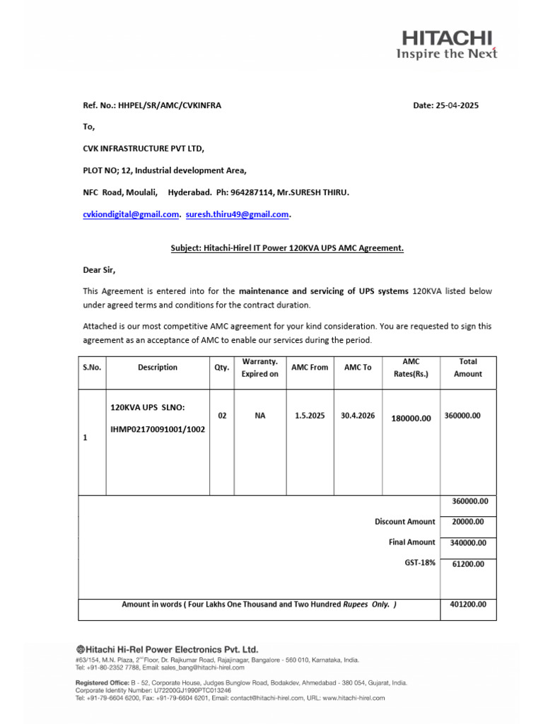CVK - Infra Hitachi 120kva Amc | PDF | Contractual Term | Electrical ...