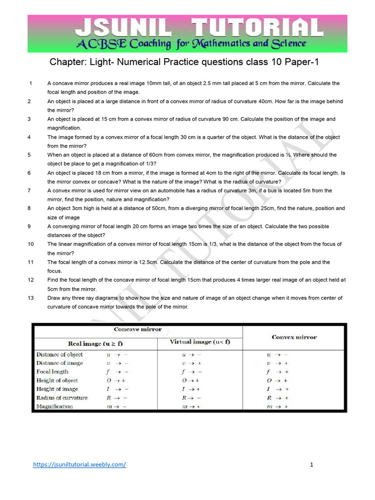 Class 10 Light Numerical Practice Questions | PDF