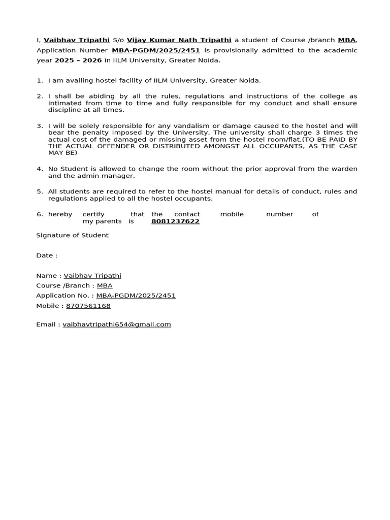 Hostel Undertaking | PDF