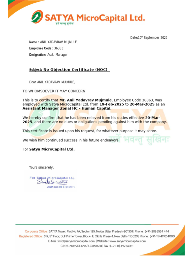 Name Employee Code Designation: Subject: No Objection Certificate (NOC ...