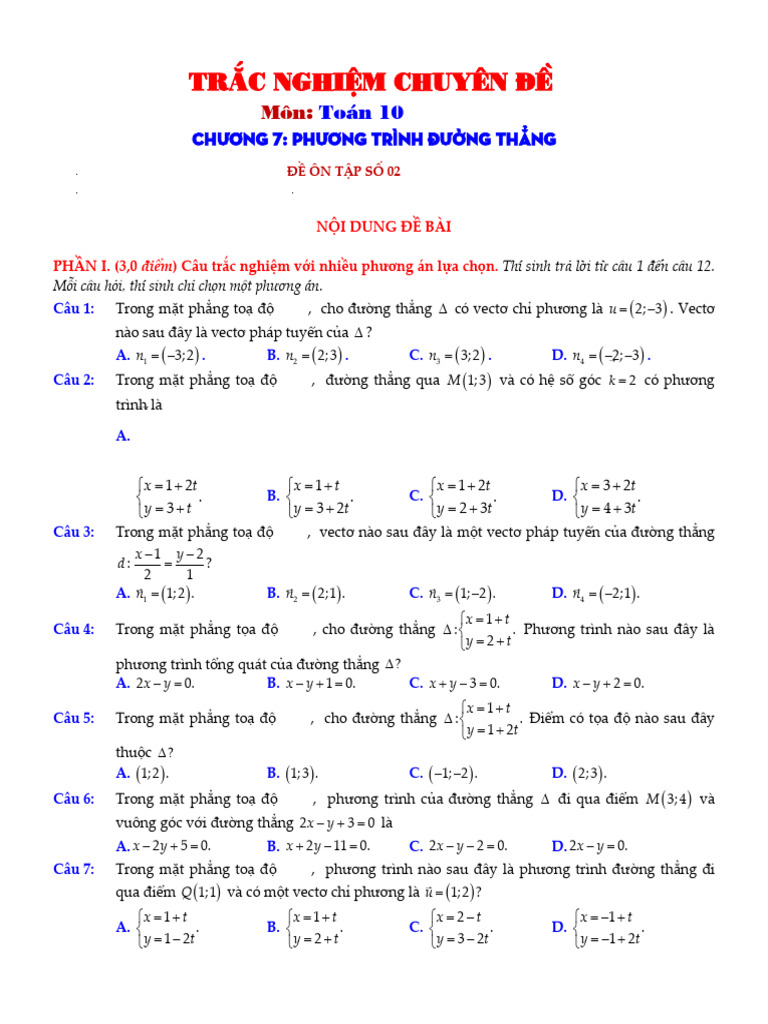 .De 02 Phuong Trinh Duong Thang - Co - Giai | PDF