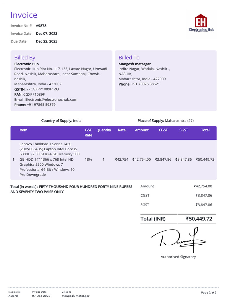 Invoice A9878 for Lenovo Laptop Purchase | PDF | Hewlett Packard ...