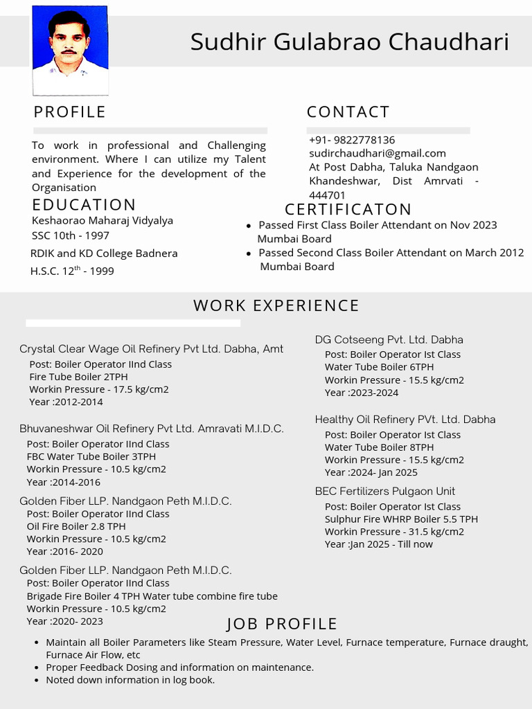 Boiler Operator Resume of Sudhir Chaudhari | PDF | Boiler | Industrial ...