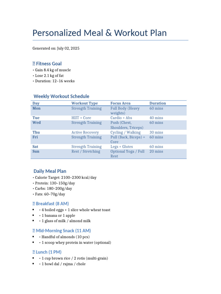 Custom Meal & Workout Plan Guide | PDF