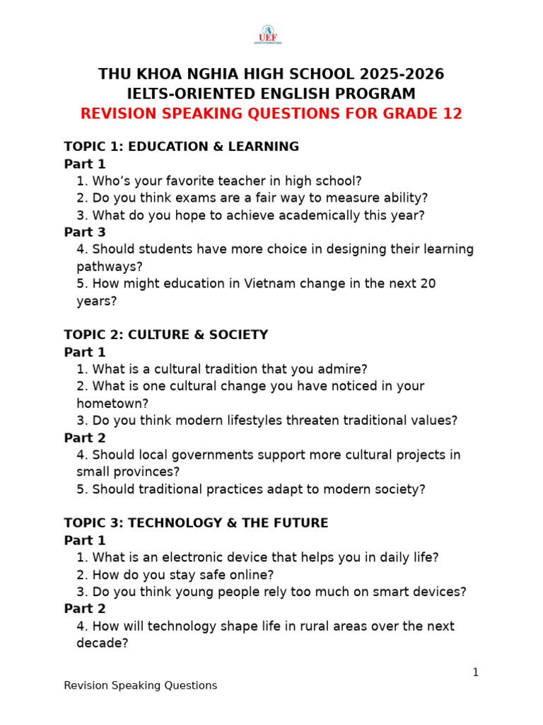TKN Grade 12_Revision Speaking Questions | PDF