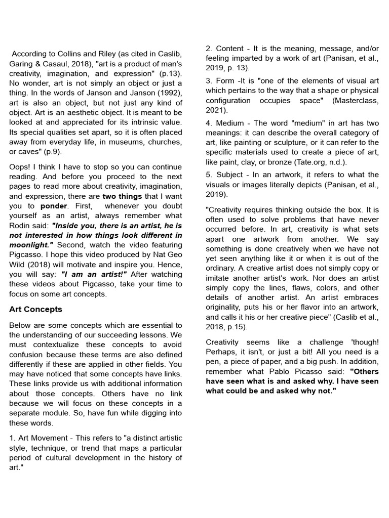 Art Appreciation Module 1: Art Concepts | PDF | Imagination | Idea