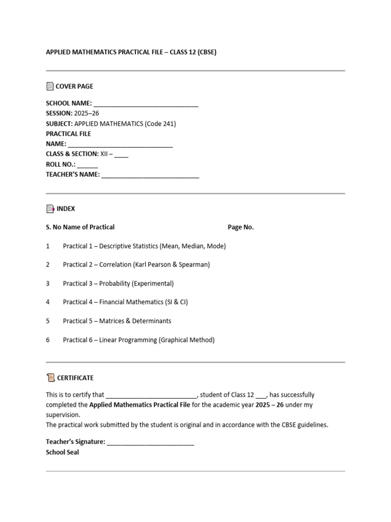 Class 12 Applied Mathematics Practical File | PDF | Matrix (Mathematics ...