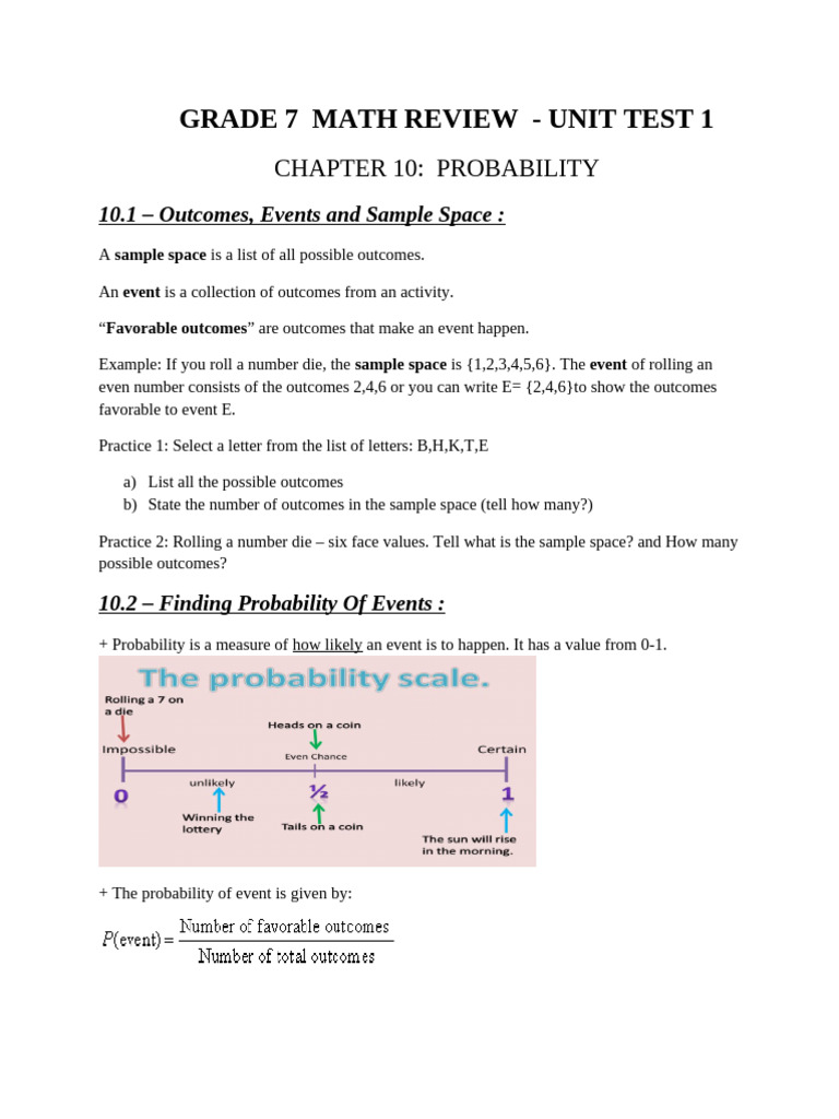 Grade 7 Probability Unit Test Review | PDF | Probability | Probability ...