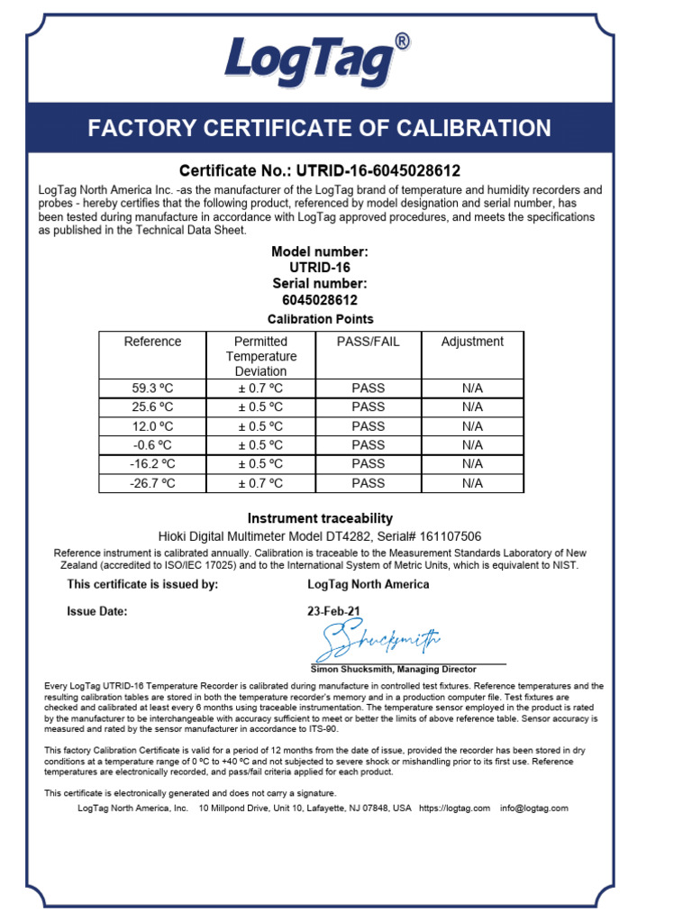 LogTag UTRID-16 Calibration Certificate | PDF | Calibration | Quantity