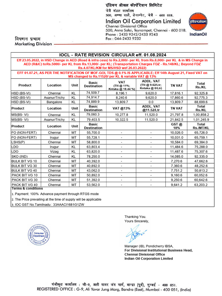 IOCL Rate Revision Circular 2024 | PDF