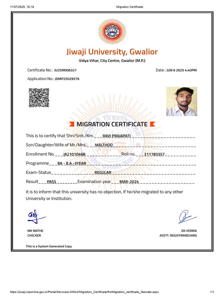 Jiwaji University Migration Certificate | PDF