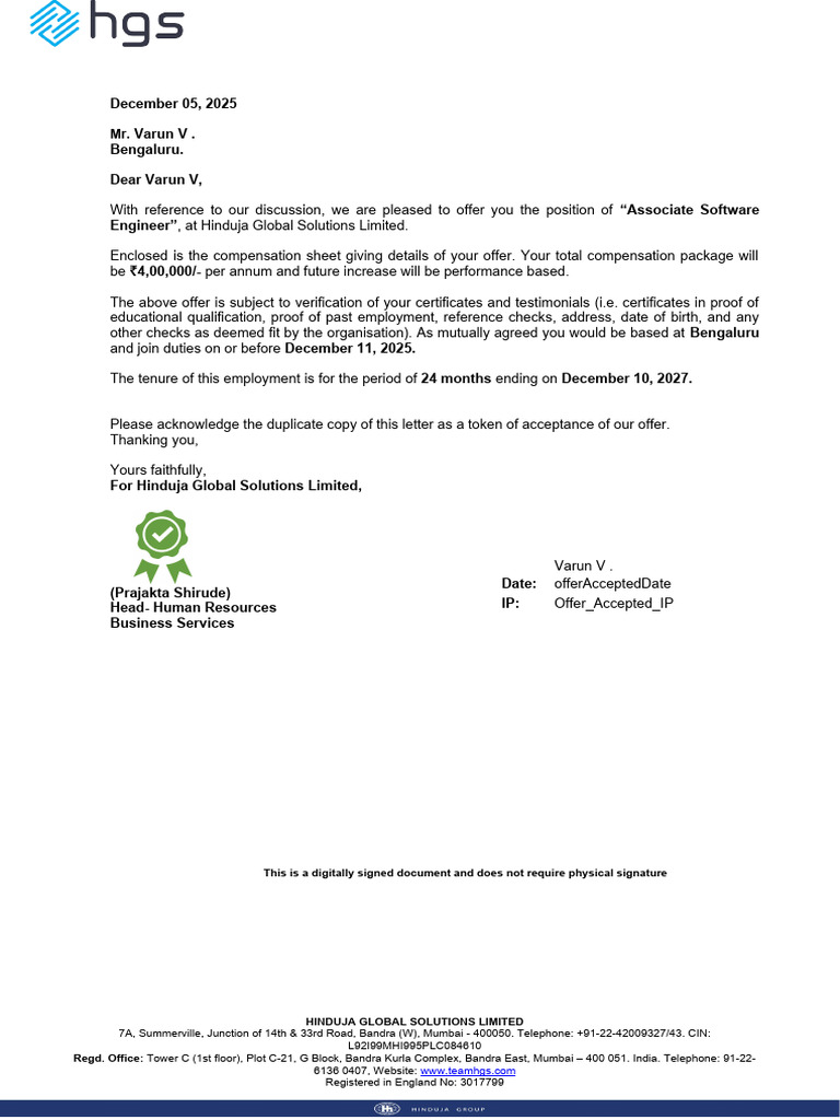 Associate Software Engineer Offer Letter | PDF