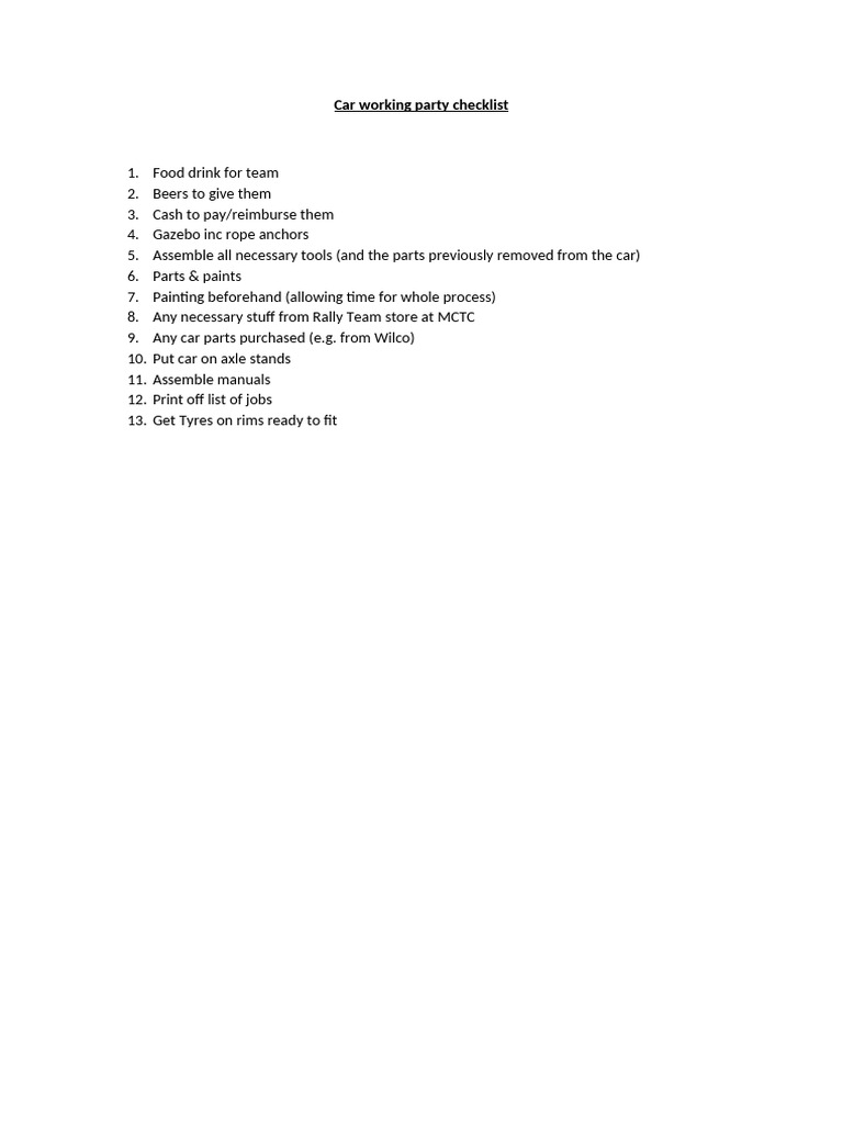 Car Working Party Checklist | PDF