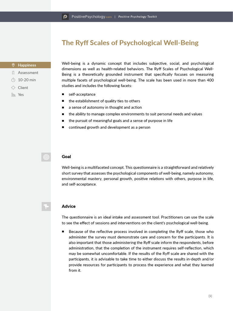 Ryff Scales for Psychological Well-Being | PDF | Well Being | Psychology