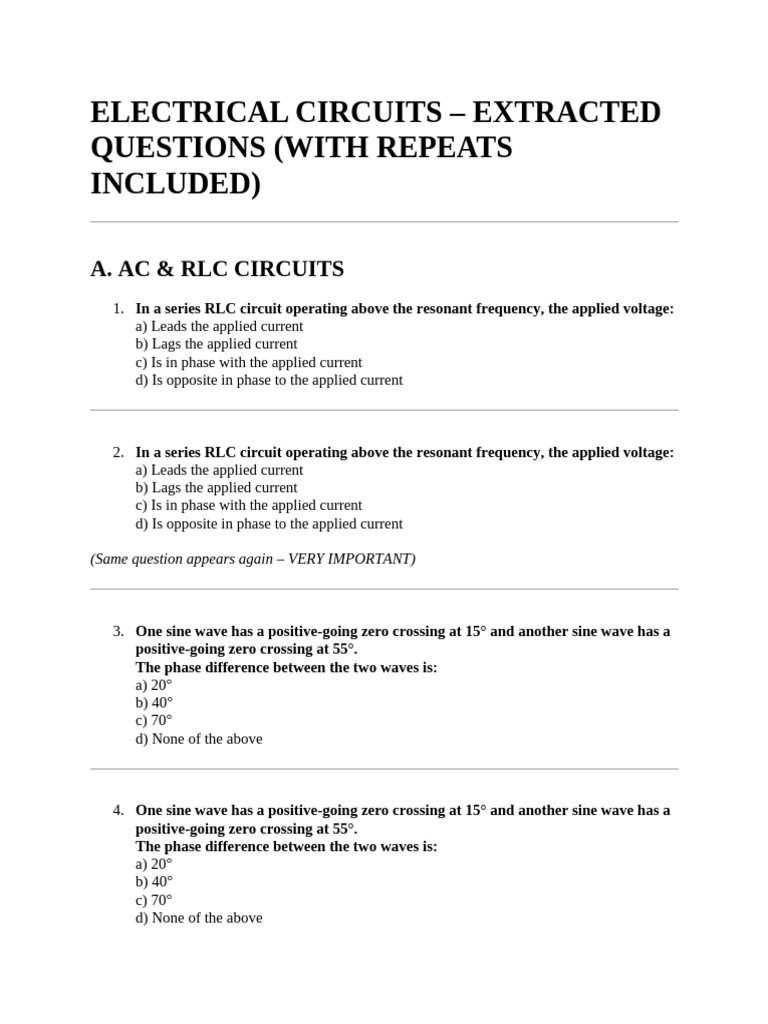 Electrical Circuits Exam Questions Guide | PDF | Electrical Network ...