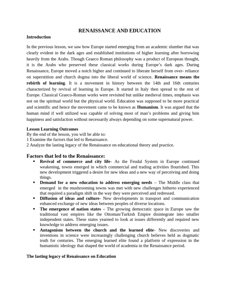 Renaissance's Impact on Education | PDF | Renaissance | Humanism