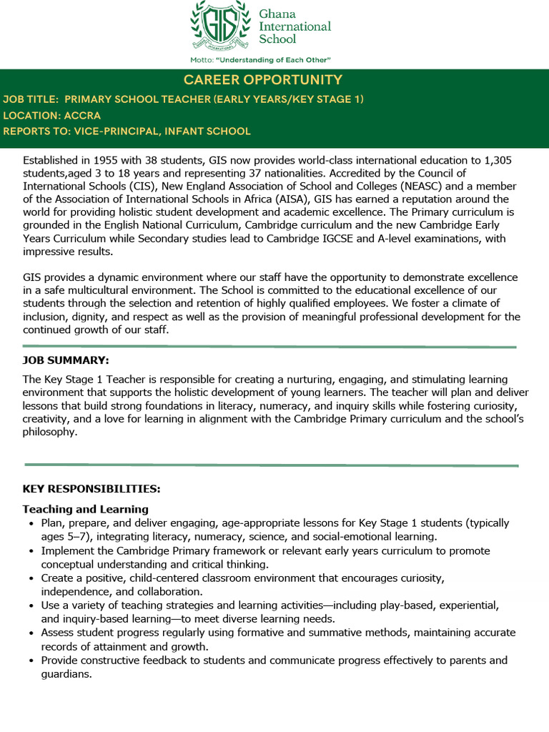 Key Stage 1 Teacher Job Opportunity in Accra | PDF | Learning | Curriculum