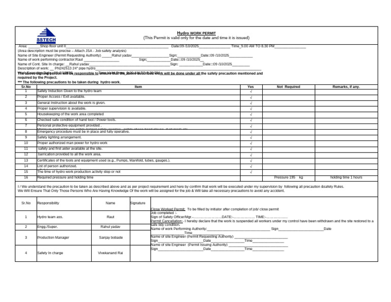 Hydro Work Permit and Safety Checklist | PDF | Safety | Occupational ...