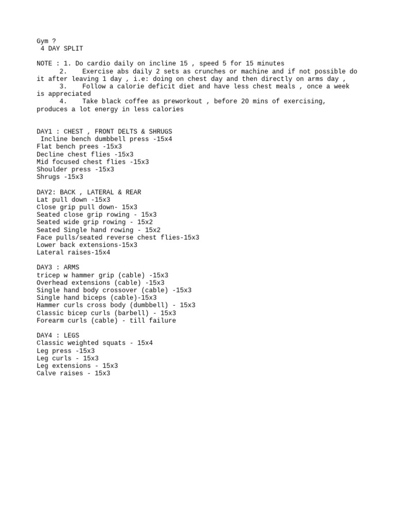 4-Day Gym Workout Split Plan | PDF