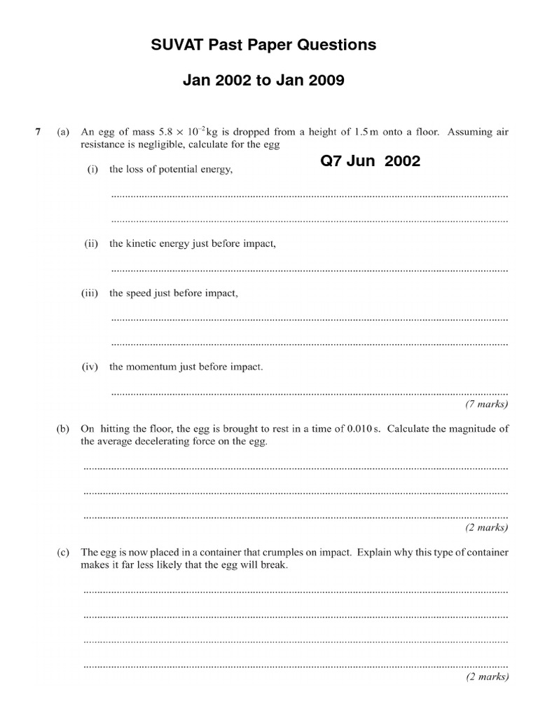 SUVAT Past Paper Questions 2002-2009 | PDF