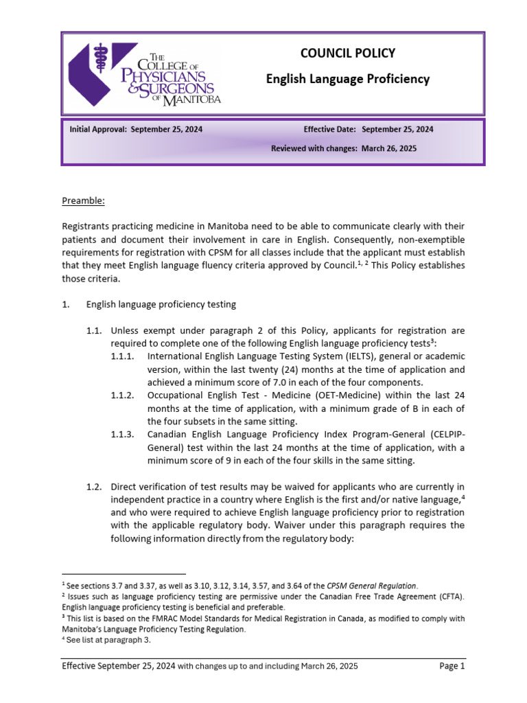 Manitoba Medical English Proficiency Policy | PDF | Postgraduate Education