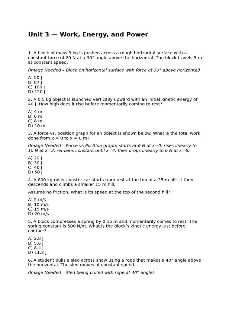 Work, Energy, and Power Problems | PDF | Force | Friction