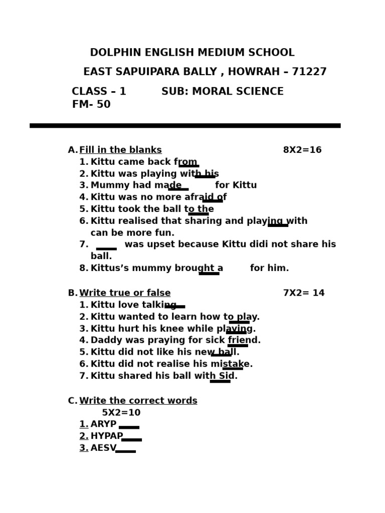 Class 1 Moral Science Worksheet | PDF