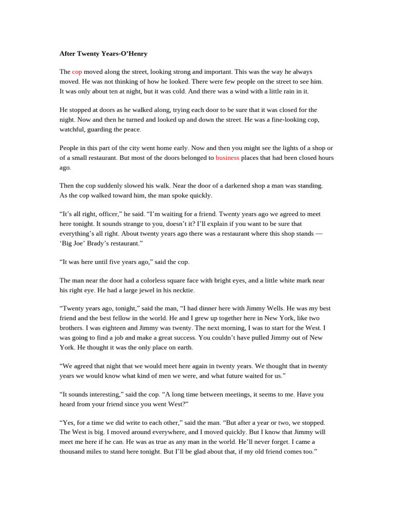O. Henry's "After Twenty Years" Summary | PDF