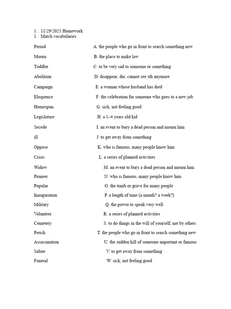 Vocabulary Matching Homework Guide | PDF