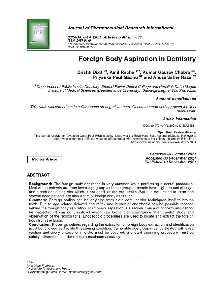 Foreign Body Aspiration in Dentistry | PDF | Dentistry | Dental Implant