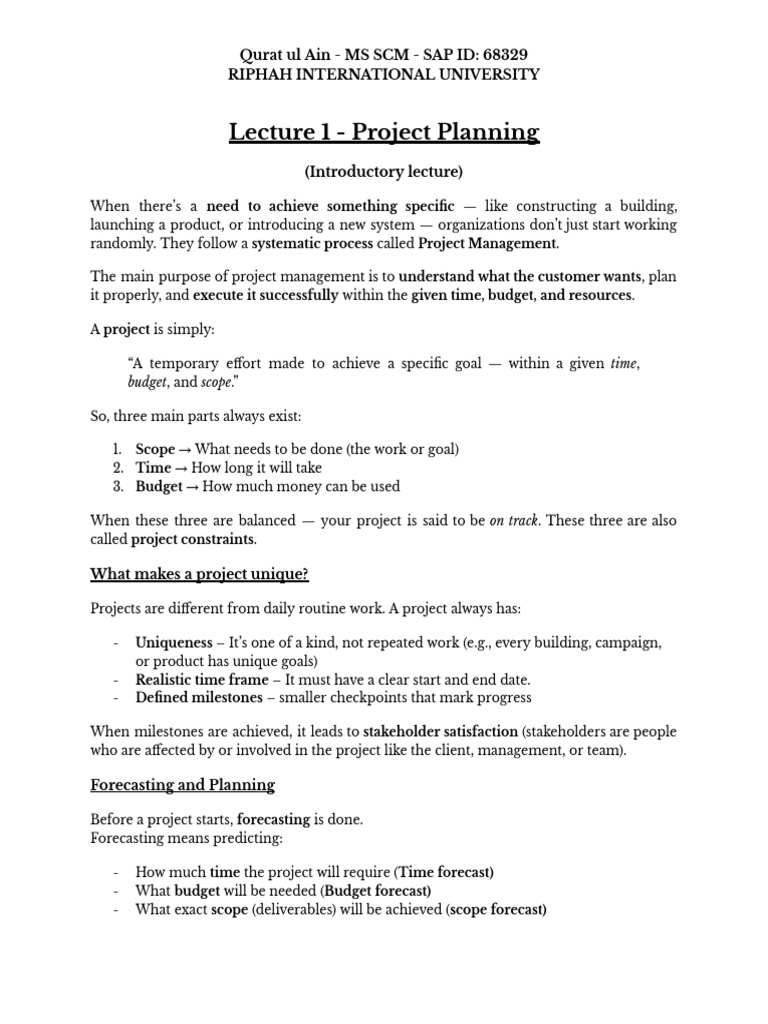 Lecture 1 (24 Aug 2025) - PROJECT PLANNING | PDF | Project Management ...