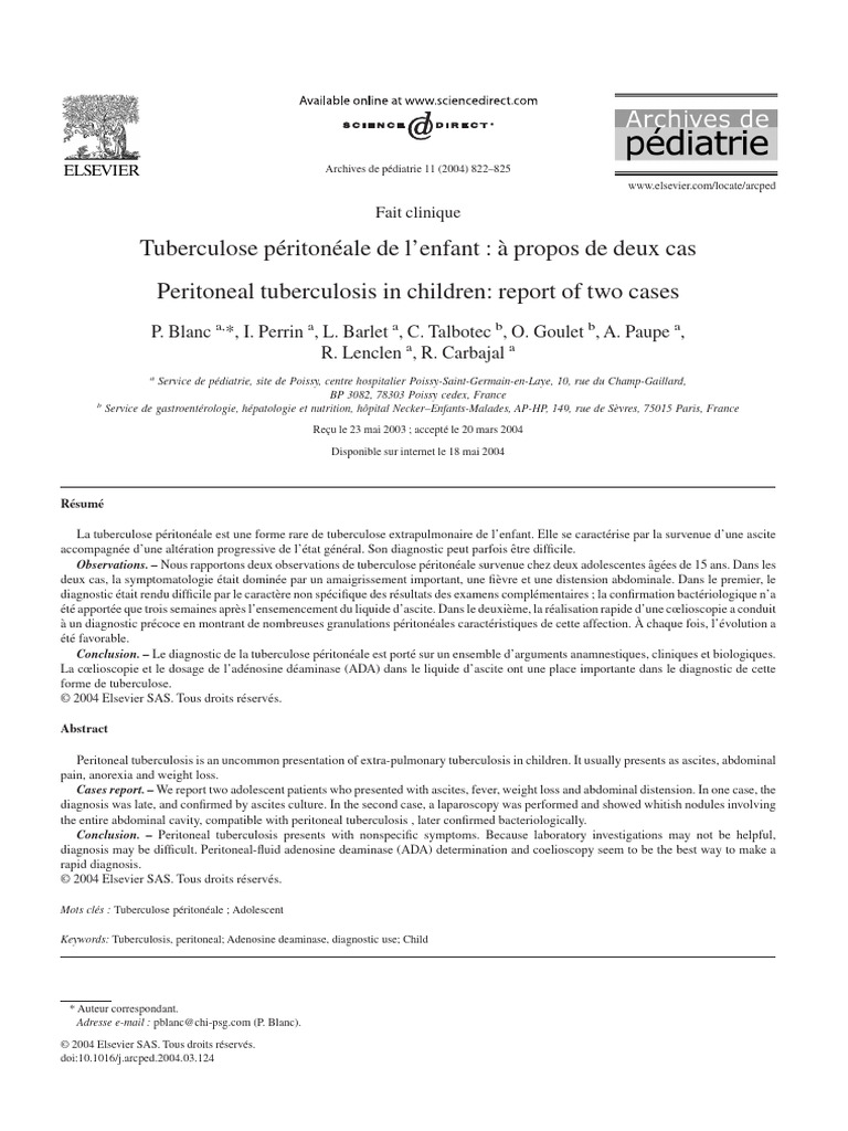 Tuberculose Péritonéale de l’Enfant | PDF | Tuberculose | Spécialités ...