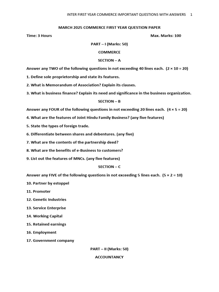 Important Commerce Questions for First Year | PDF | Debits And Credits ...