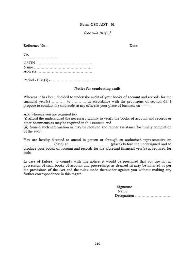 GST Audit Notice Template ADT-01 | PDF