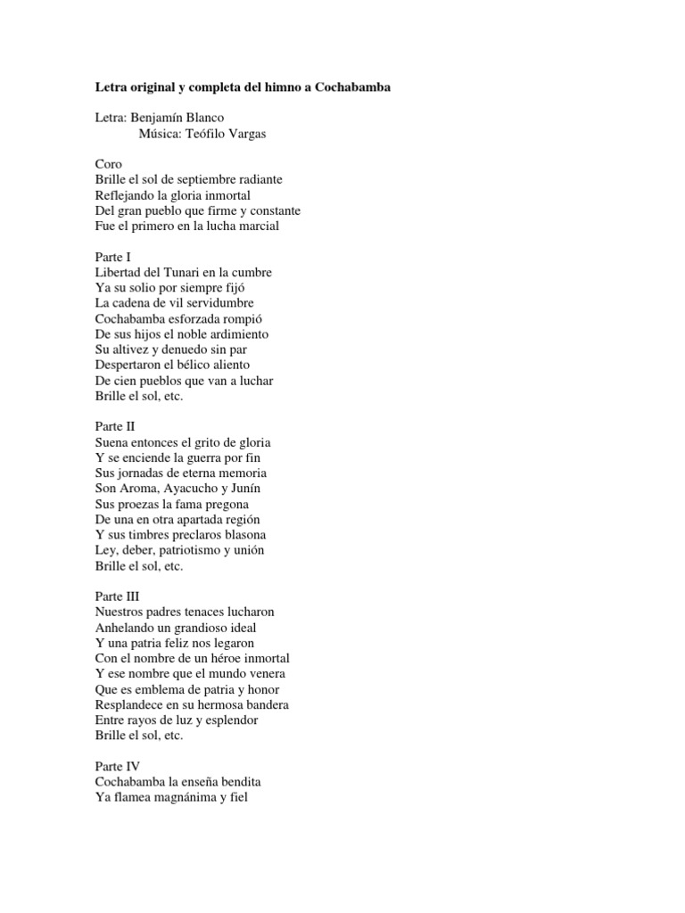 Letra Original y Completa Del Himno A Cochabamba | PDF | Poesía
