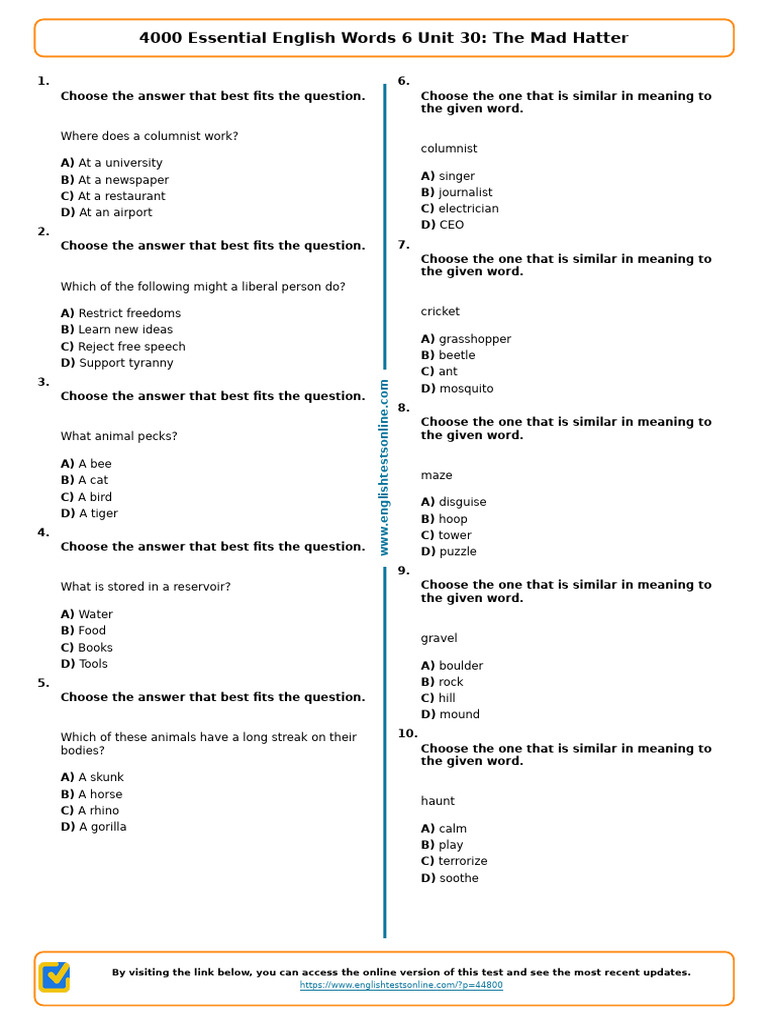 2076 - 4000 Essential English Words 6 Unit 30 The Mad Hatter | PDF