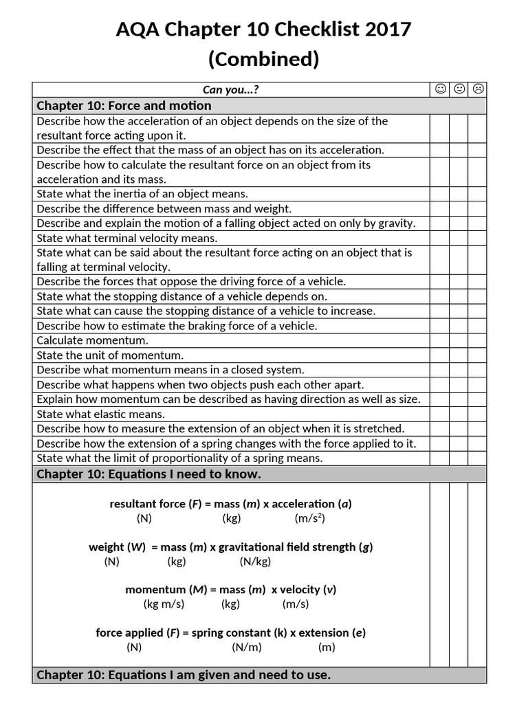 AQA Chapter 10: Force and Motion Checklist | PDF | Force | Momentum