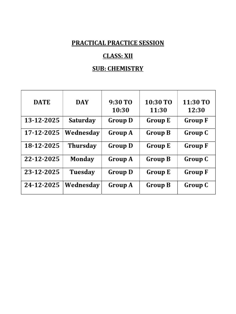 Chemistry Practical Session Schedule | PDF