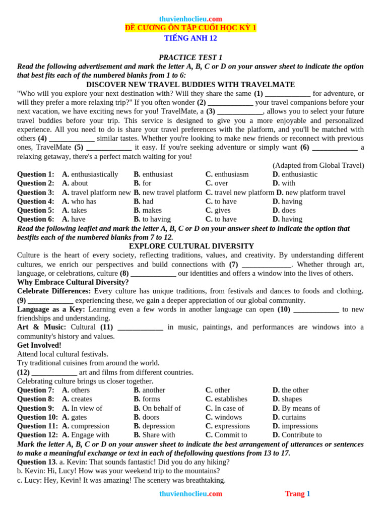 Thuvienhoclieu.com de Cuong on Tap HK1 Tieng Anh 12 Global 25 26 | PDF ...
