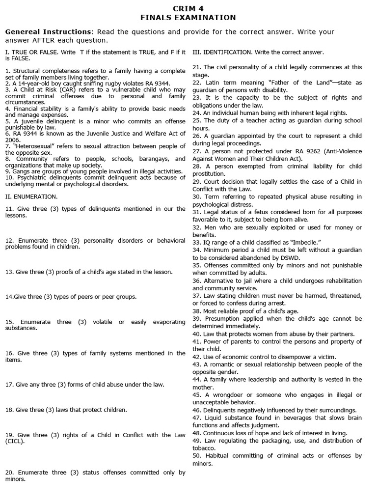 Juvenile Delinquency Exam Questions | PDF | Juvenile Delinquency | Justice
