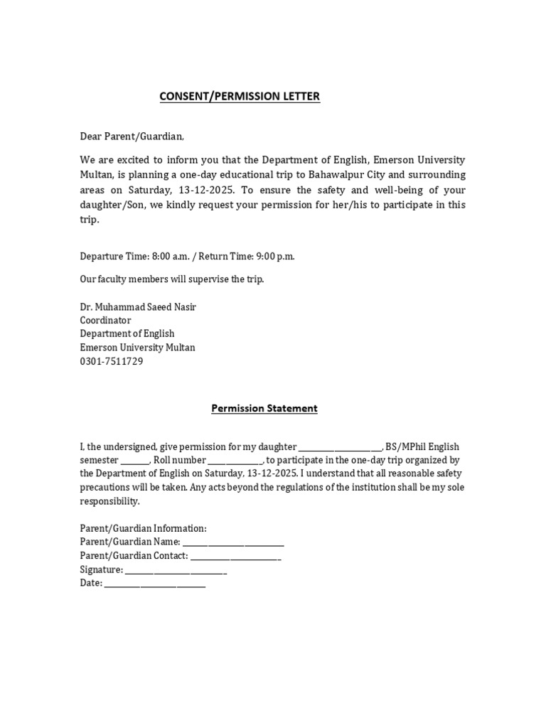 Consent Letter for Educational Trip | PDF