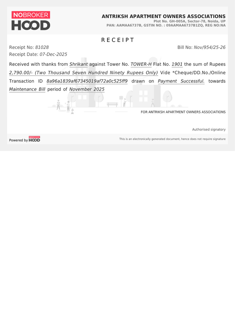 Antriksh Apartment Maintenance Receipt | PDF