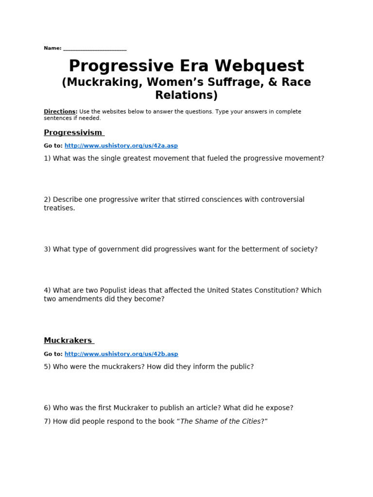Progressive Era Webquest Students | PDF | Progressivism In The United ...